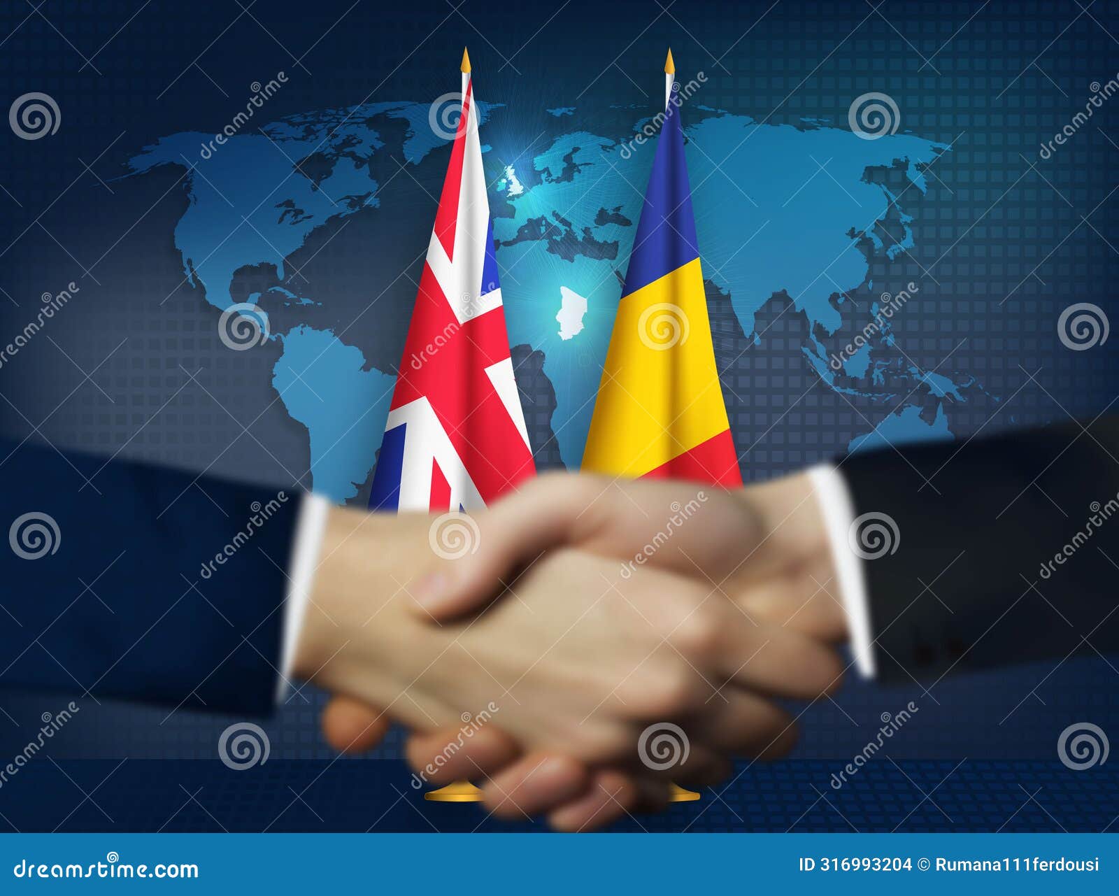 Two People Shaking Hands in Front of Chad and UK Flags Stock Photo ...