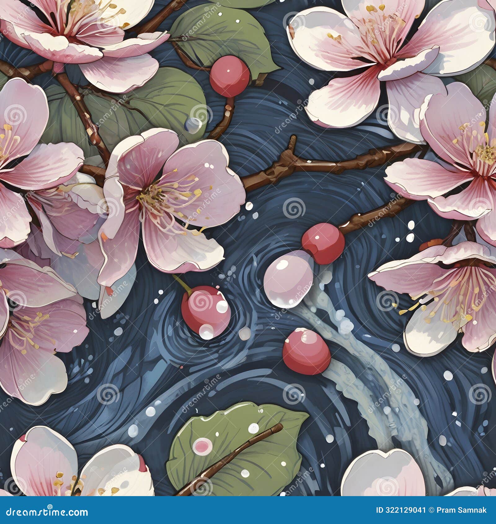 Ukiyo-e Inspired, Cherry Blossoms Cascade. Seamless Pattern. Stock ...