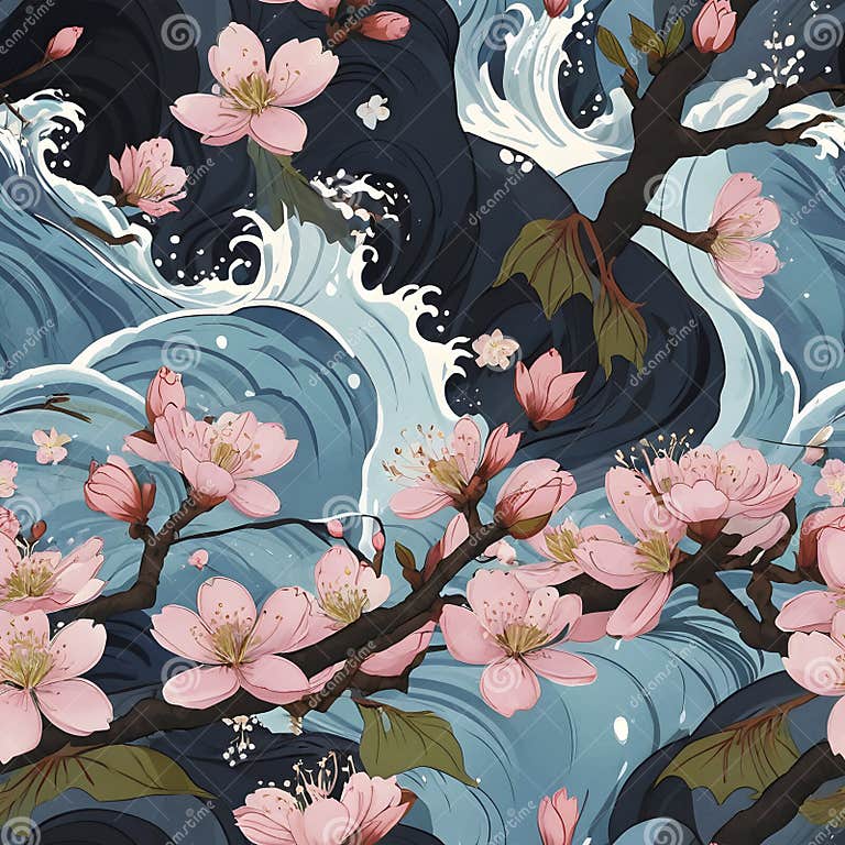 Ukiyo-e Inspired, Cherry Blossoms Cascade. Seamless Pattern. Stock Illustration - Illustration ...