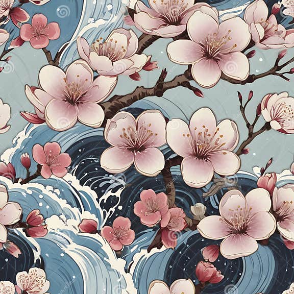 Ukiyo-e Inspired, Cherry Blossoms Cascade. Seamless Pattern. Stock ...