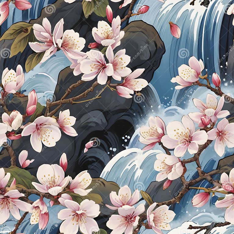 Ukiyo-e Inspired, Cherry Blossoms Cascade. Seamless Pattern. Stock ...