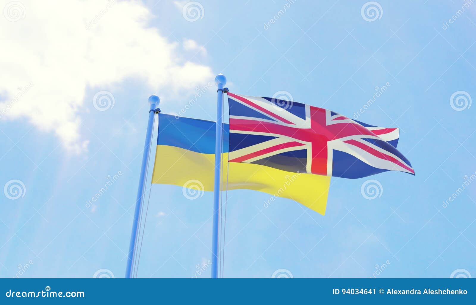 Ukraine and Great Britain, Flags Waving Against Blue Sky Stock ...