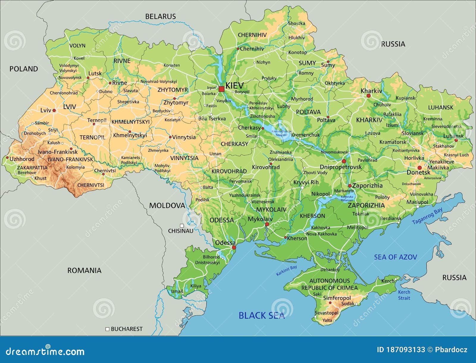 High Detailed Ukraine Physical Map with Labeling. Stock Vector ...