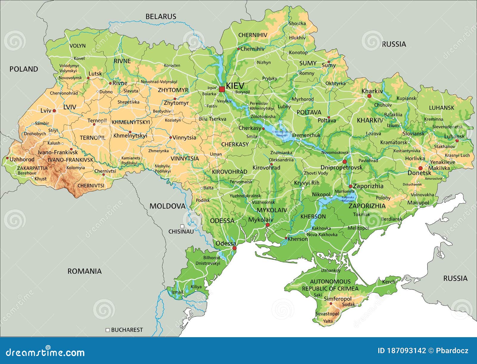 High Detailed Ukraine Physical Map with Labeling. Stock Vector ...
