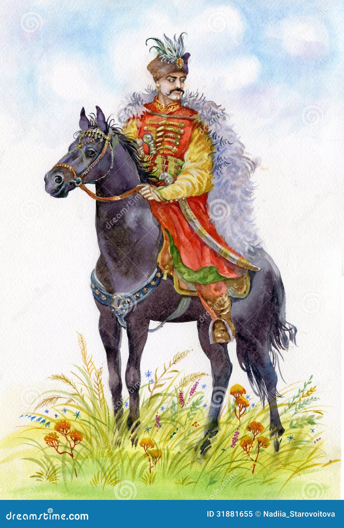 Ukrainian Cossack on a Black Horse Stock Illustration - Illustration of ...