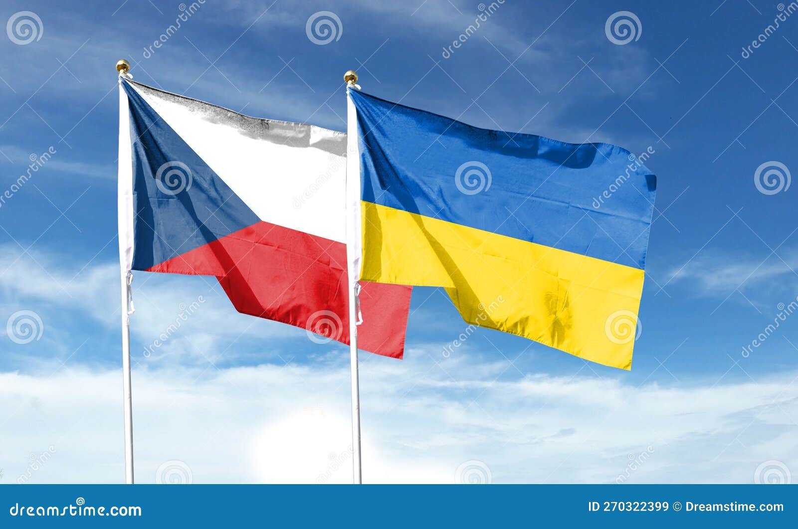 Ukrainian Flag and Czech Flag on Cloudy Sky. Waving in the Sky Stock ...