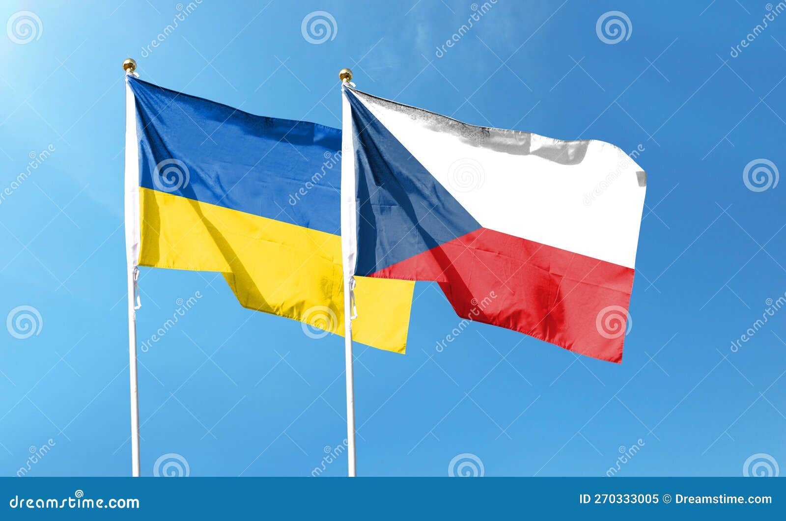 Ukrainian Flag and Czech Flag on Cloudy Sky. Waving in the Sky Stock ...