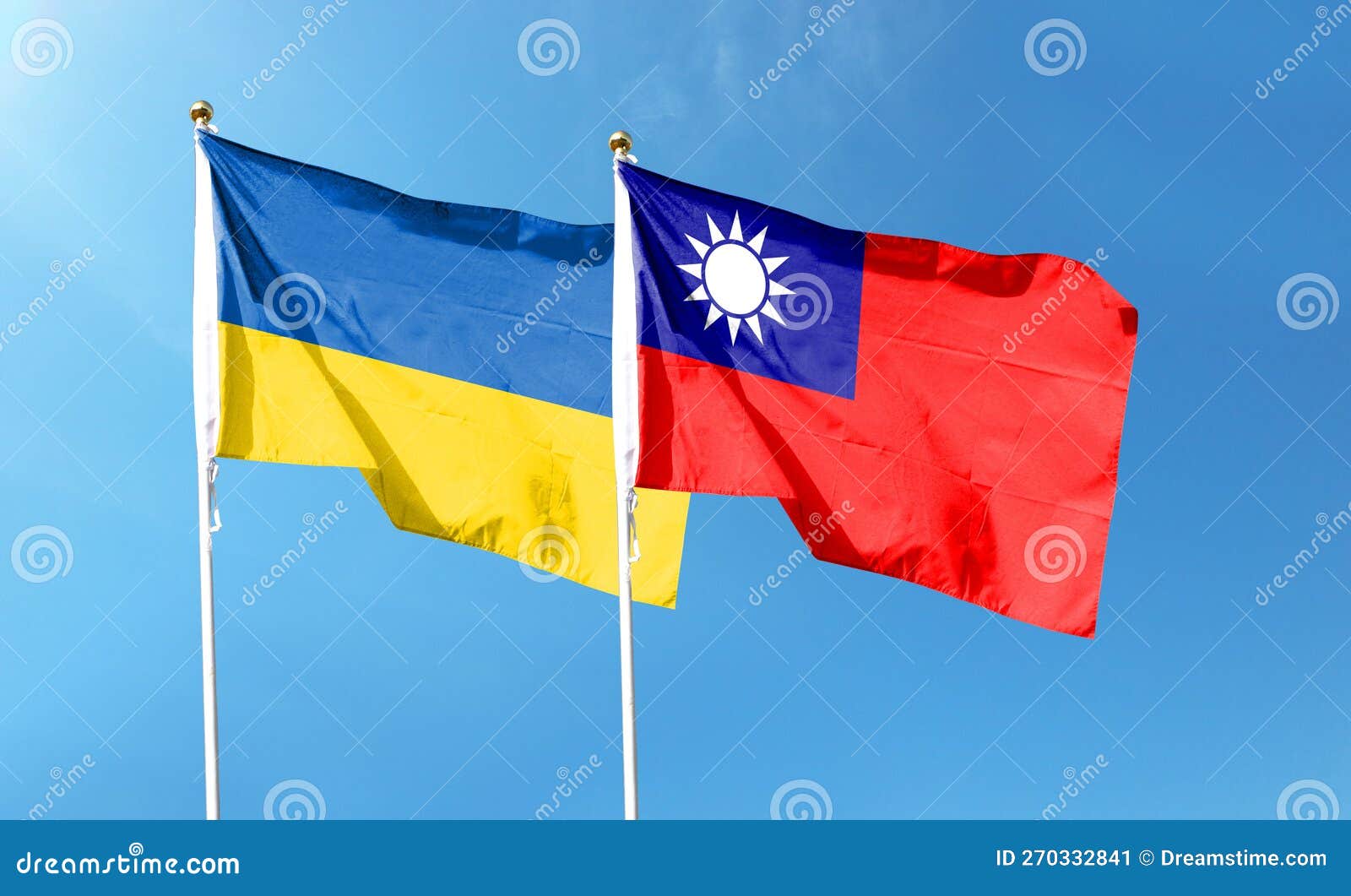 Ukrainian Flag and Taiwan Flag on Cloudy Sky. Waving in the Sky Stock ...
