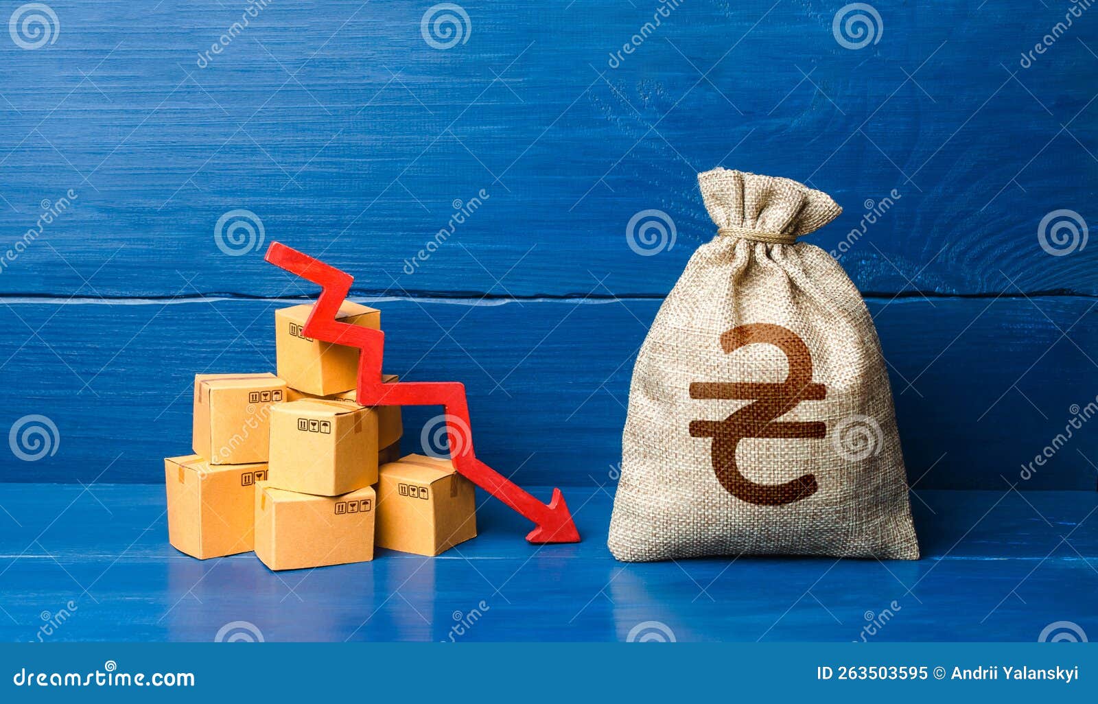 Ukrainian Hryvnia Money Bag with Boxes and Down Arrow. Income Decrease ...