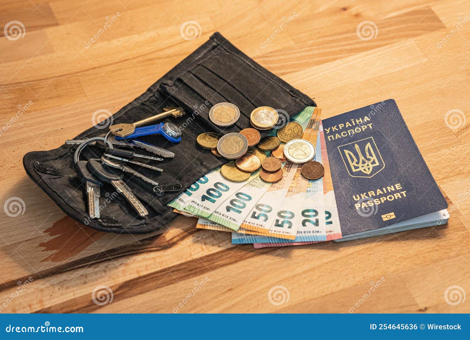 Ukrainian Passport Keys And A Wallet With Euros Sticking Out On A