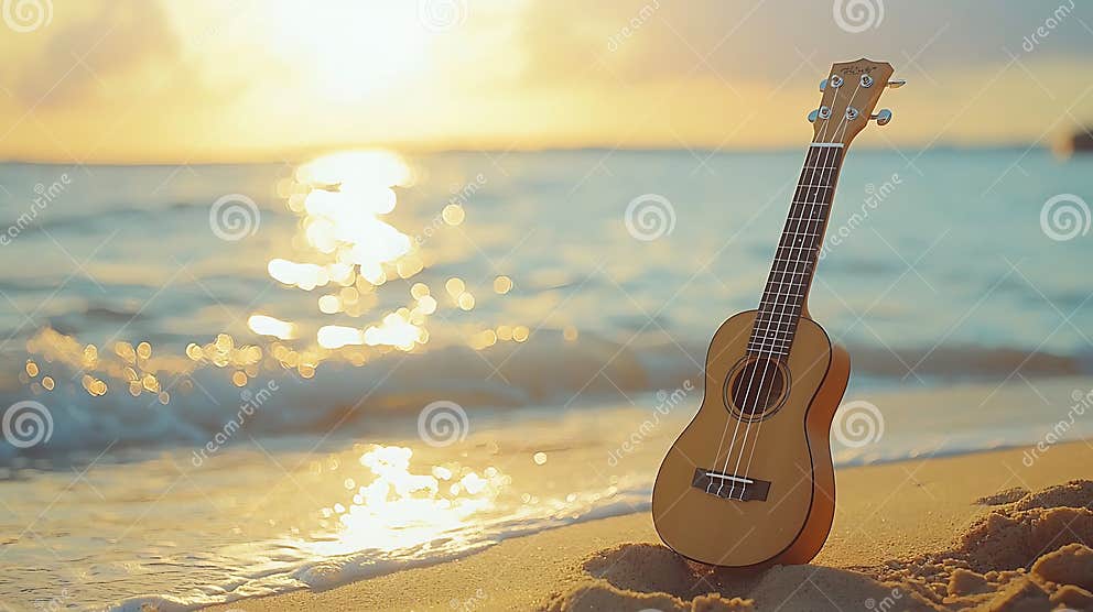 Ukulele on beach at sunset stock image. Image of sunset - 353255179