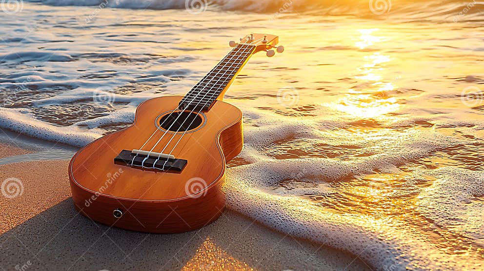 Ukulele on Sandy Beach at Sunset Stock Image - Image of calm, beautiful ...
