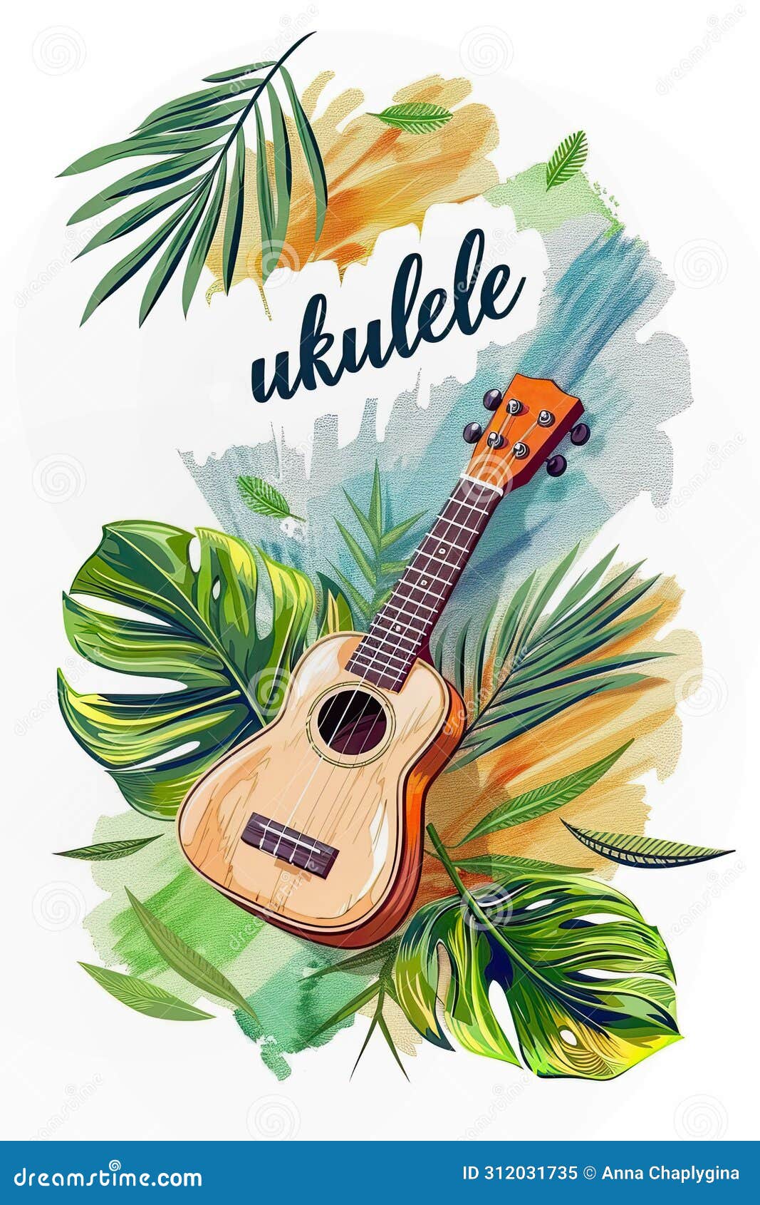 Ukulele and Tropical Leaves on White Background, Text UKULELE Stock ...