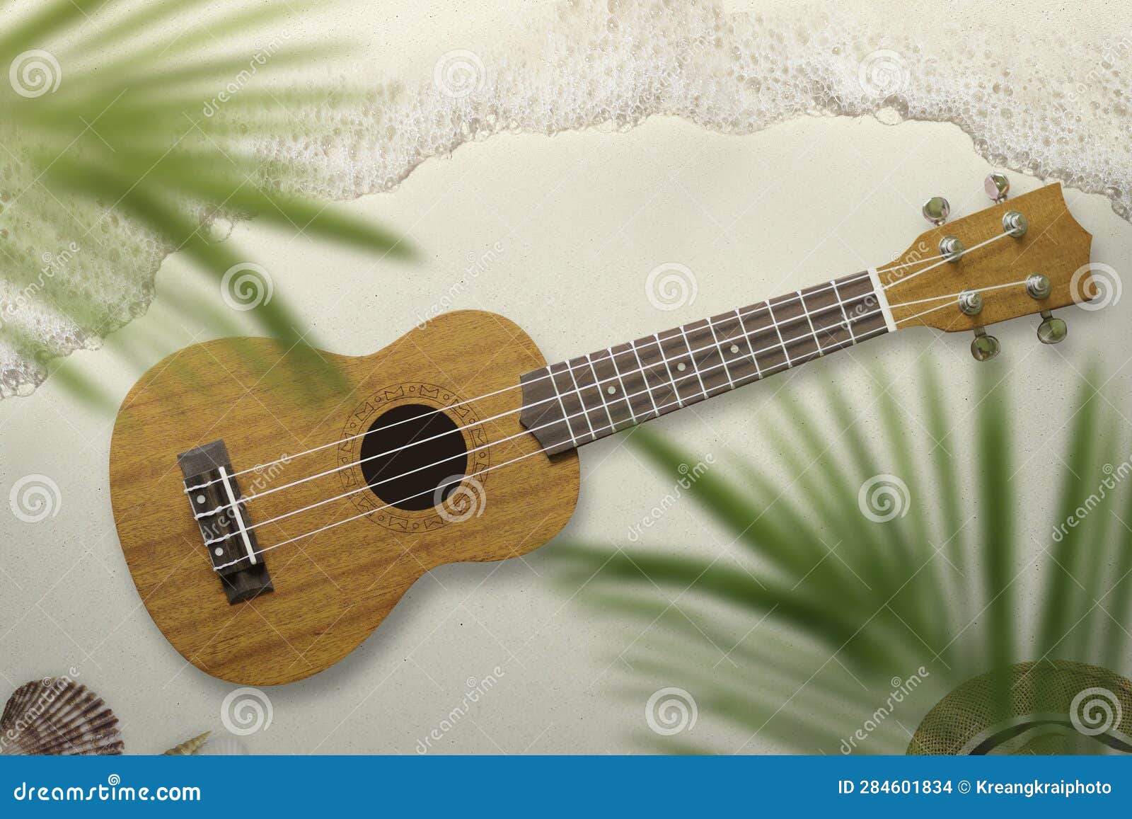 Ukulele on White Sand Beach .top View Stock Photo - Image of holiday ...
