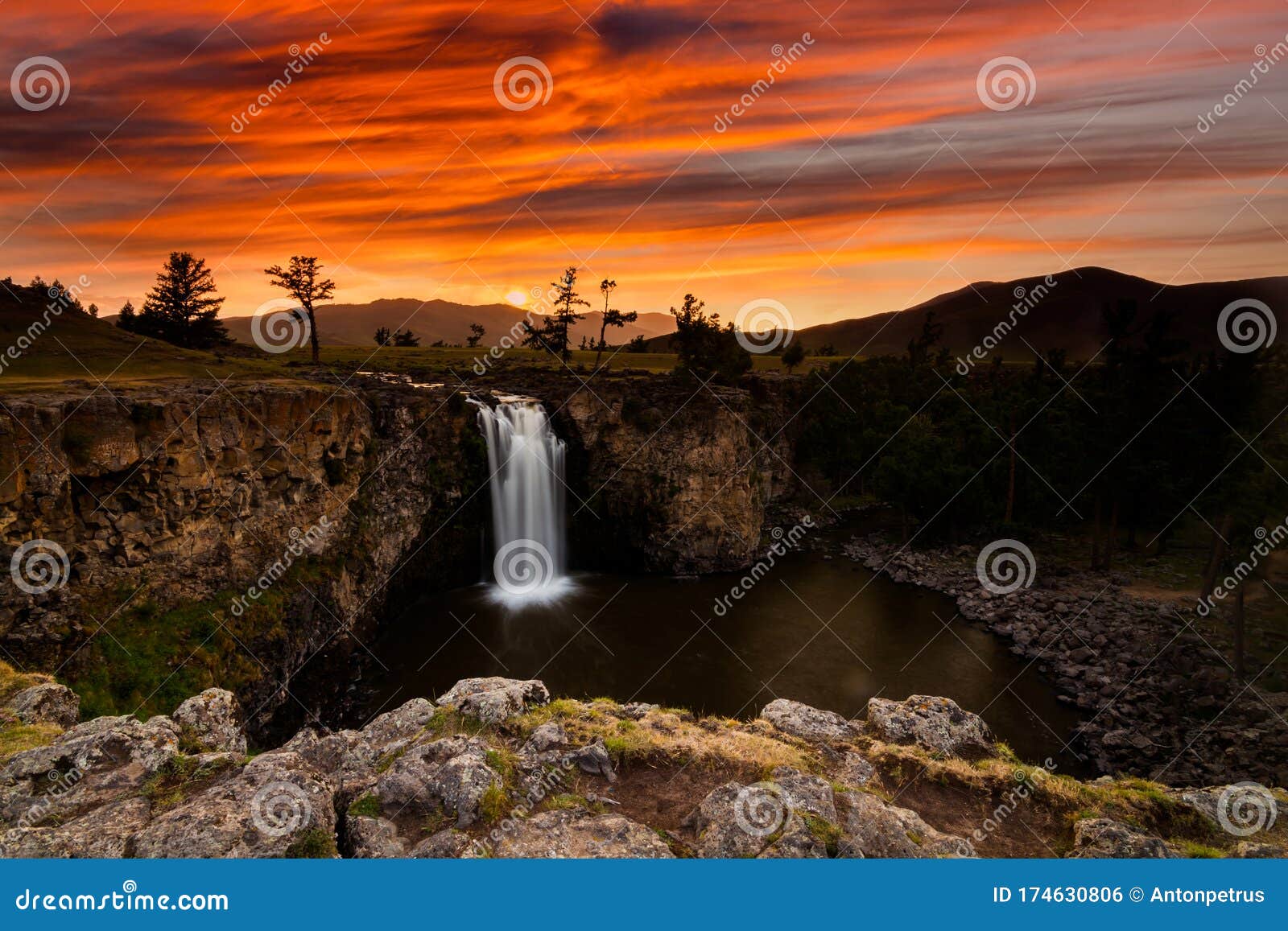 Ulaan Tsutgalan, Orkhon Waterfall in Mongolia at Sunset. Aerial View ...