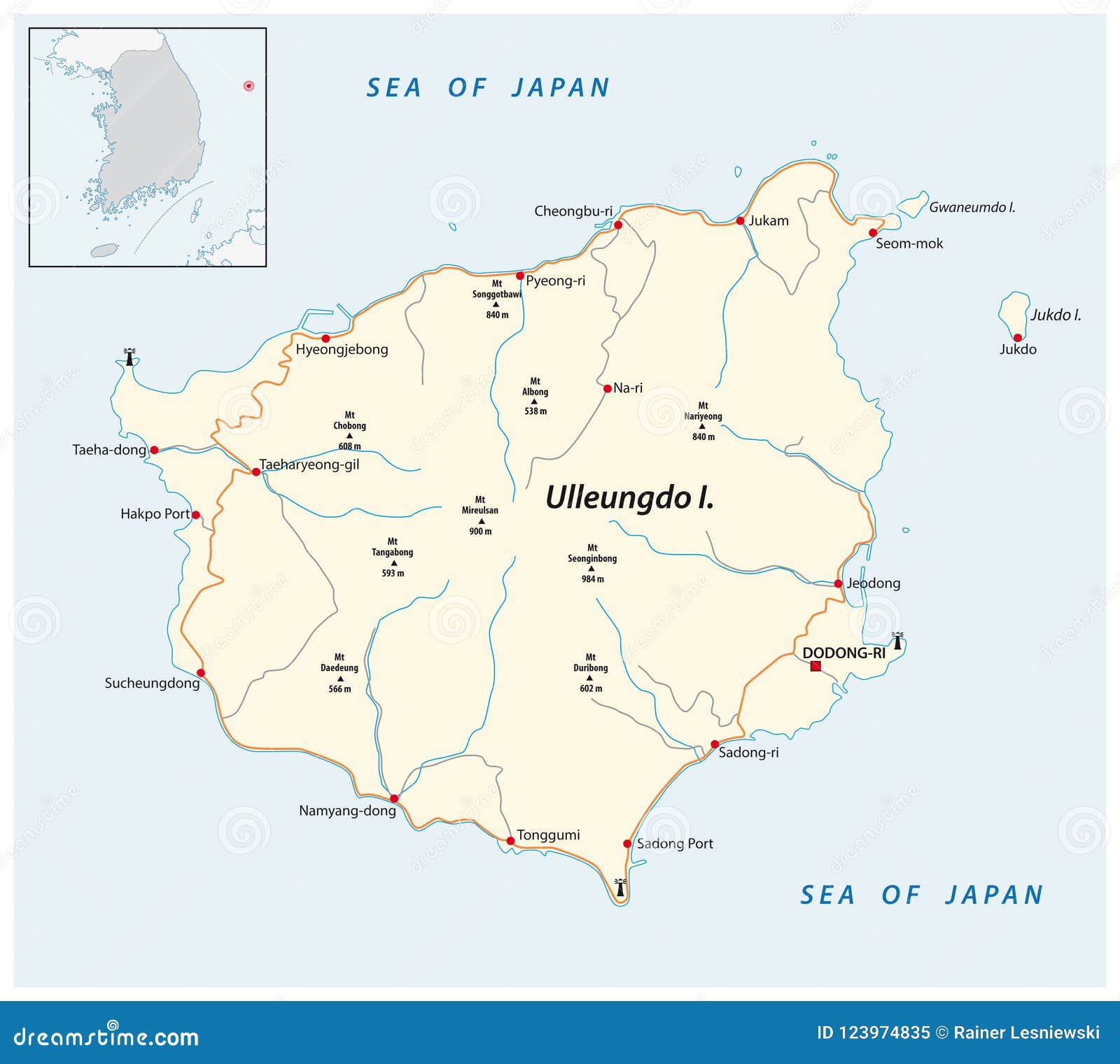 Ulleungdo Island Road and Outline Vector Map Stock Vector ...