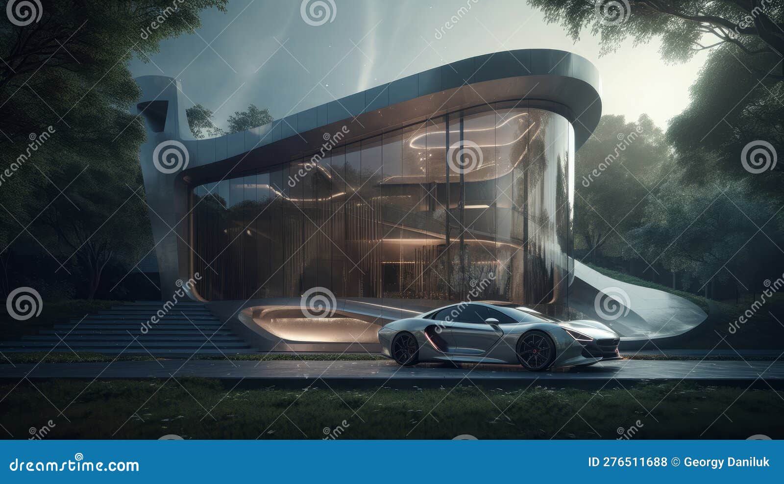 Ultimate Luxury - Bionic House and Bright-Light Supercar Combo Stock ...