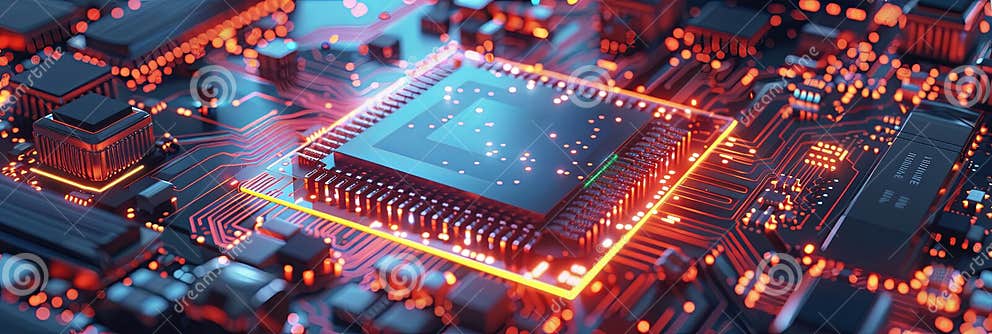 An Ultra-modern Microprocessor is Seen on a Motherboard, Surrounded by ...