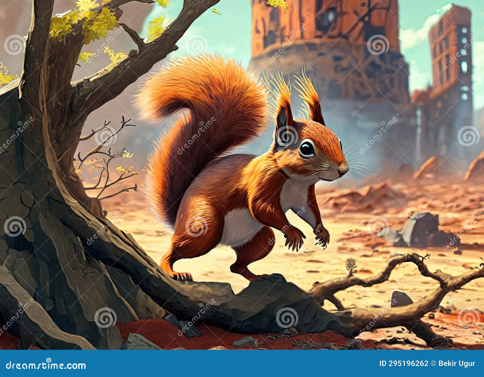 An Ultra-realistic Image of a Squirrel in the Ruins of the Post ...