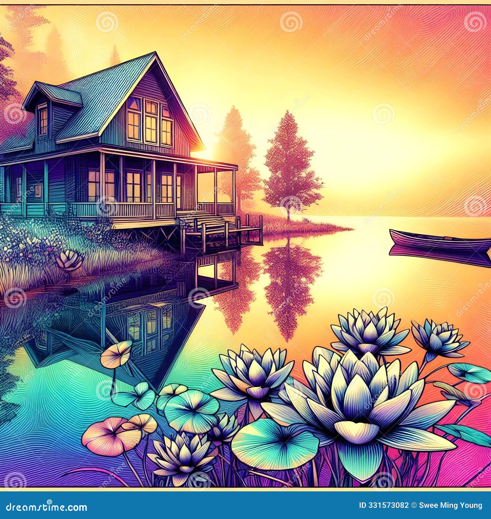 An Ultra Vibrant Realistic 3d Render of a Lakehouse with a Reflective ...