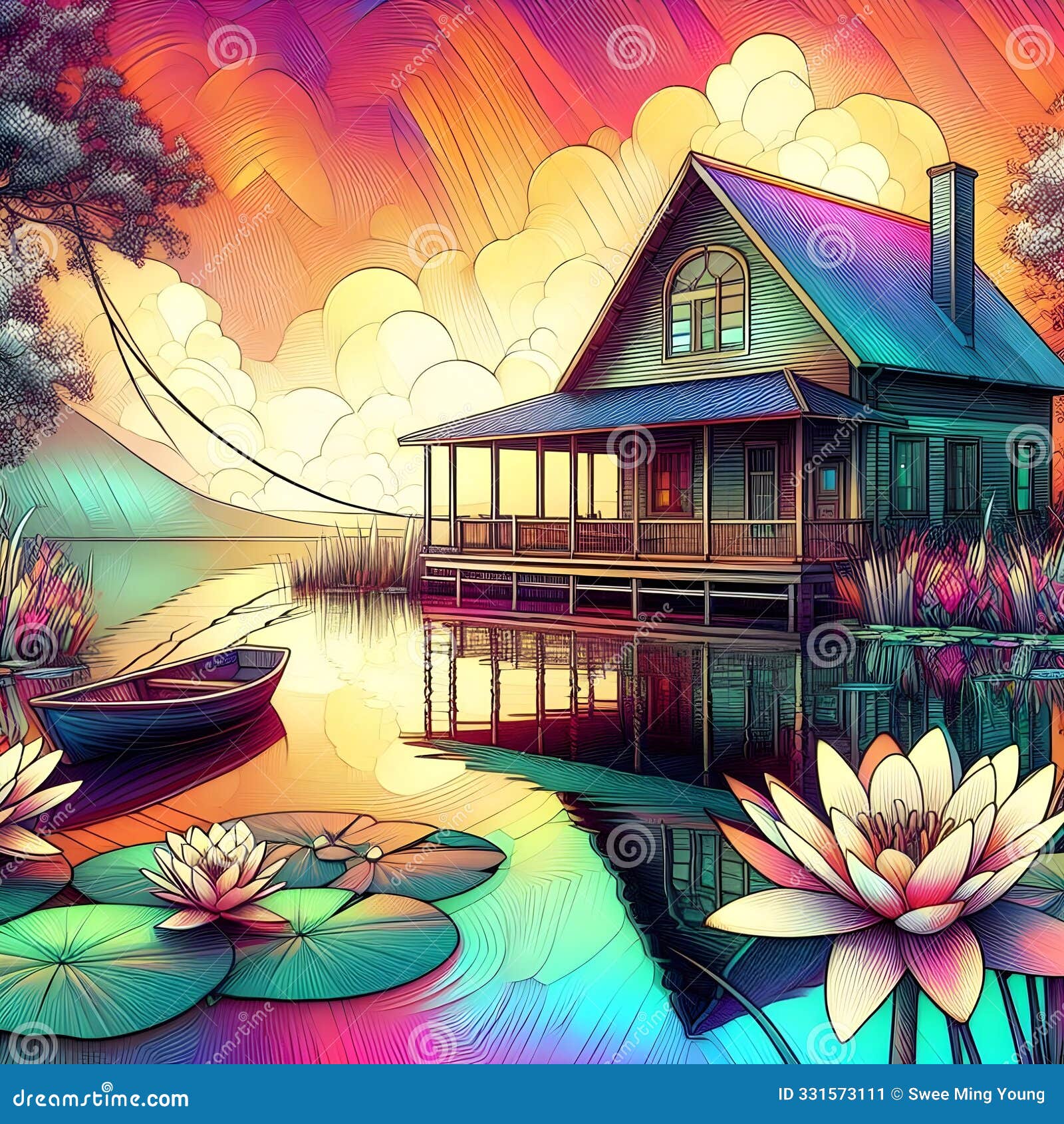 An Ultra Vibrant Realistic 3d Render of a Lakehouse with a Reflective ...