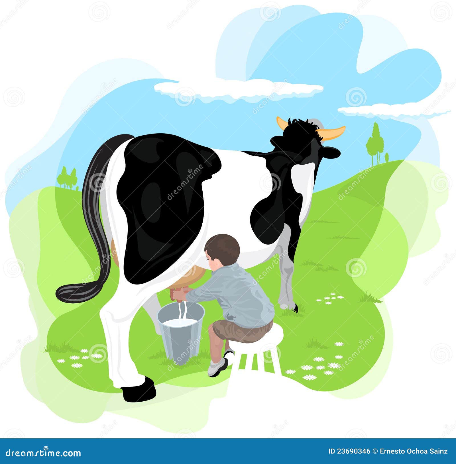 Um Menino Que Ordenha Uma Vaca Ilustração do Vetor - Ilustração de ...