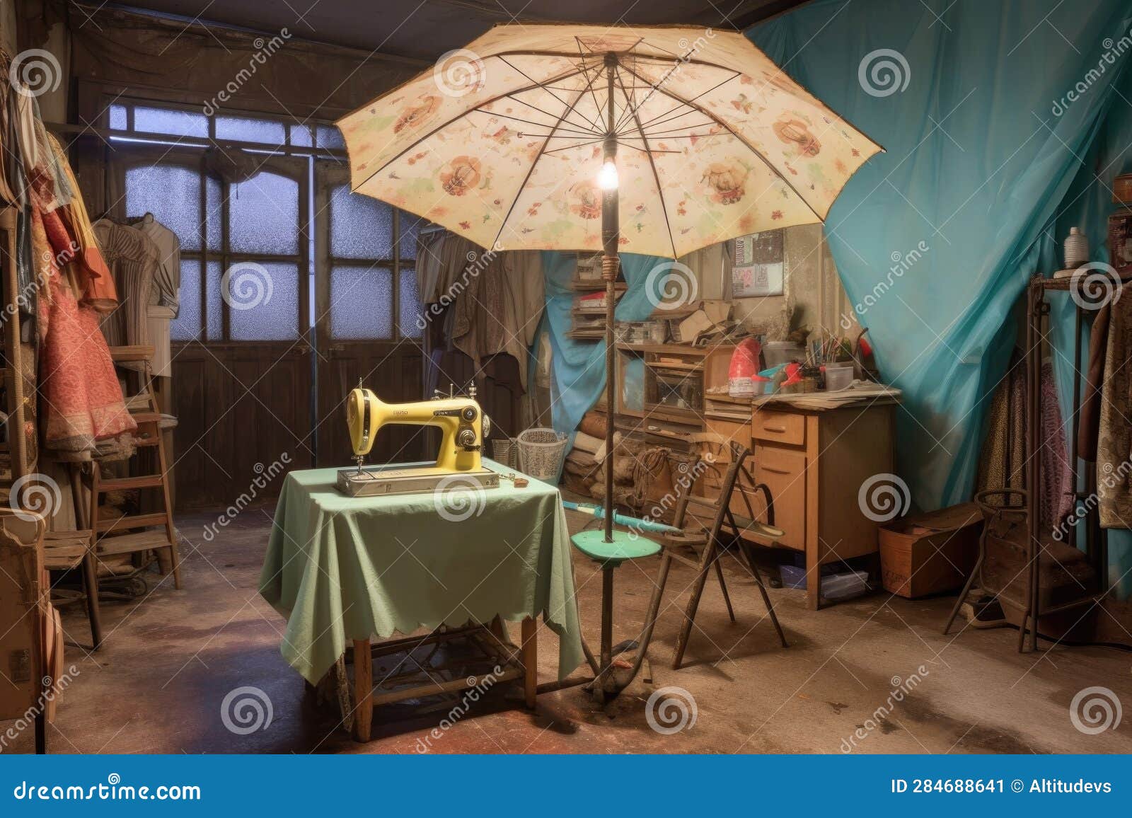 Umbrella Sewing Machine in a Workshop Stock Illustration - Illustration ...