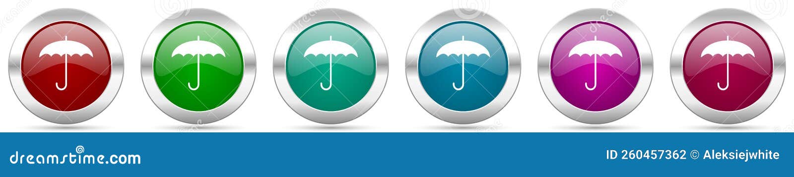 Umbrella Silver Metallic Vector Icon Set, Round Glossy Buttons with Chrome Border for Web Design ...