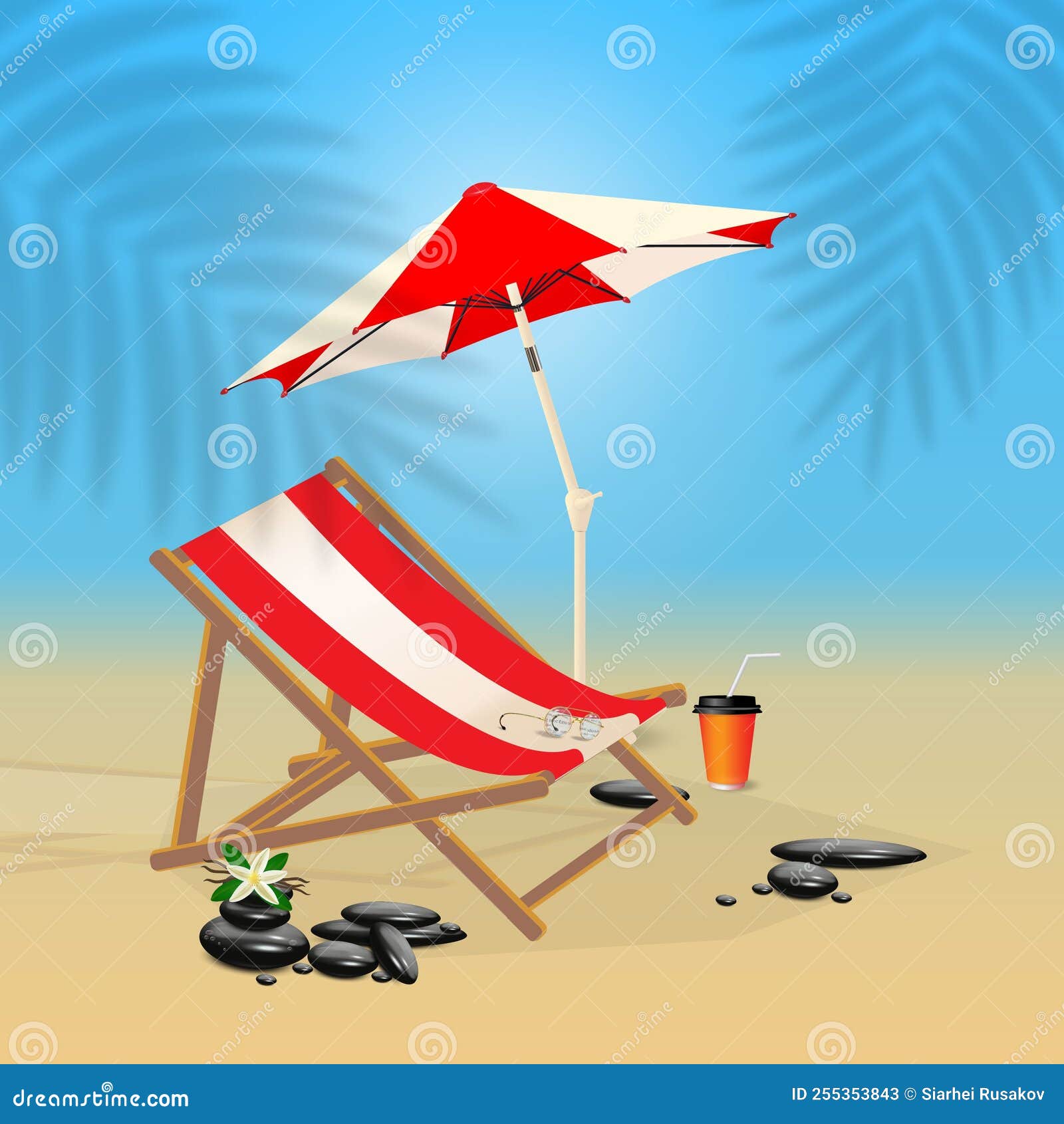 Umbrella Sun Lounger On The Beach Exotic Leaves Glasses Stones On