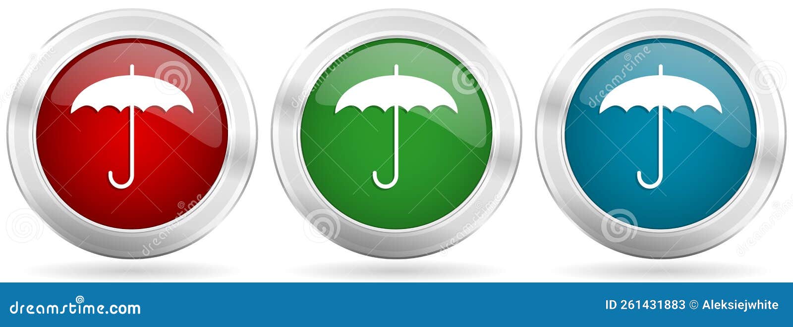 Umbrella Vector Icon Set. Red, Blue and Green Silver Metallic Web Buttons with Chrome Border ...