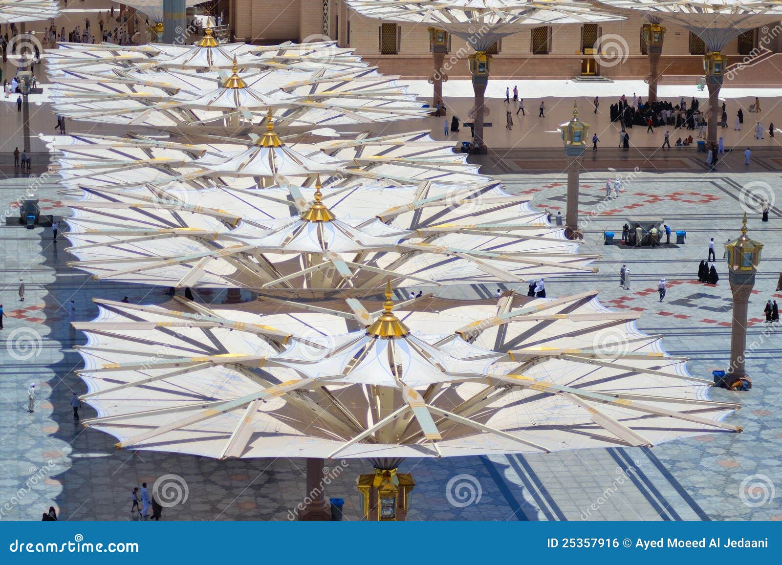 Umbrellas in Nabawi Mosque from Above Stock Photo - Image of golden ...