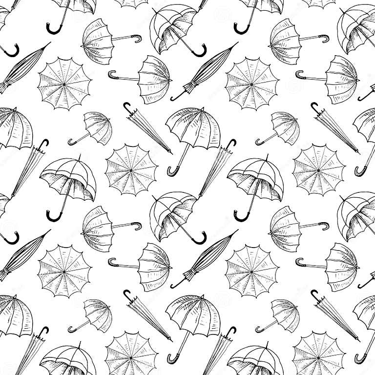 Umbrellas Seamless Sketch Pattern. Black Hand Drawn Umbrellas without ... Umbrellas Seamless Sketch Pattern. Black Hand Drawn Umbrellas without ...