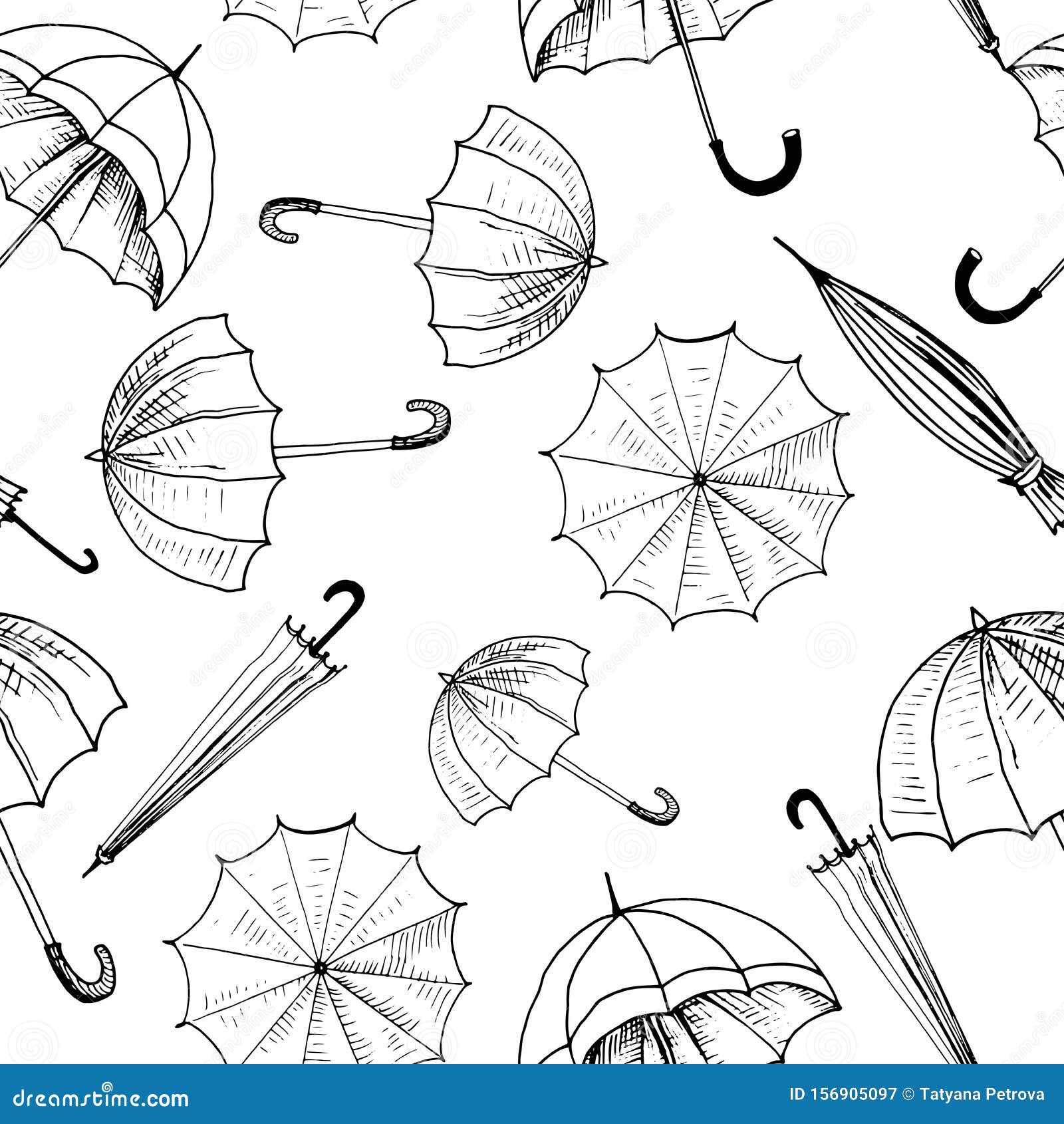 Umbrellas Seamless Sketch Pattern Black Hand Drawn Umbrellas Without