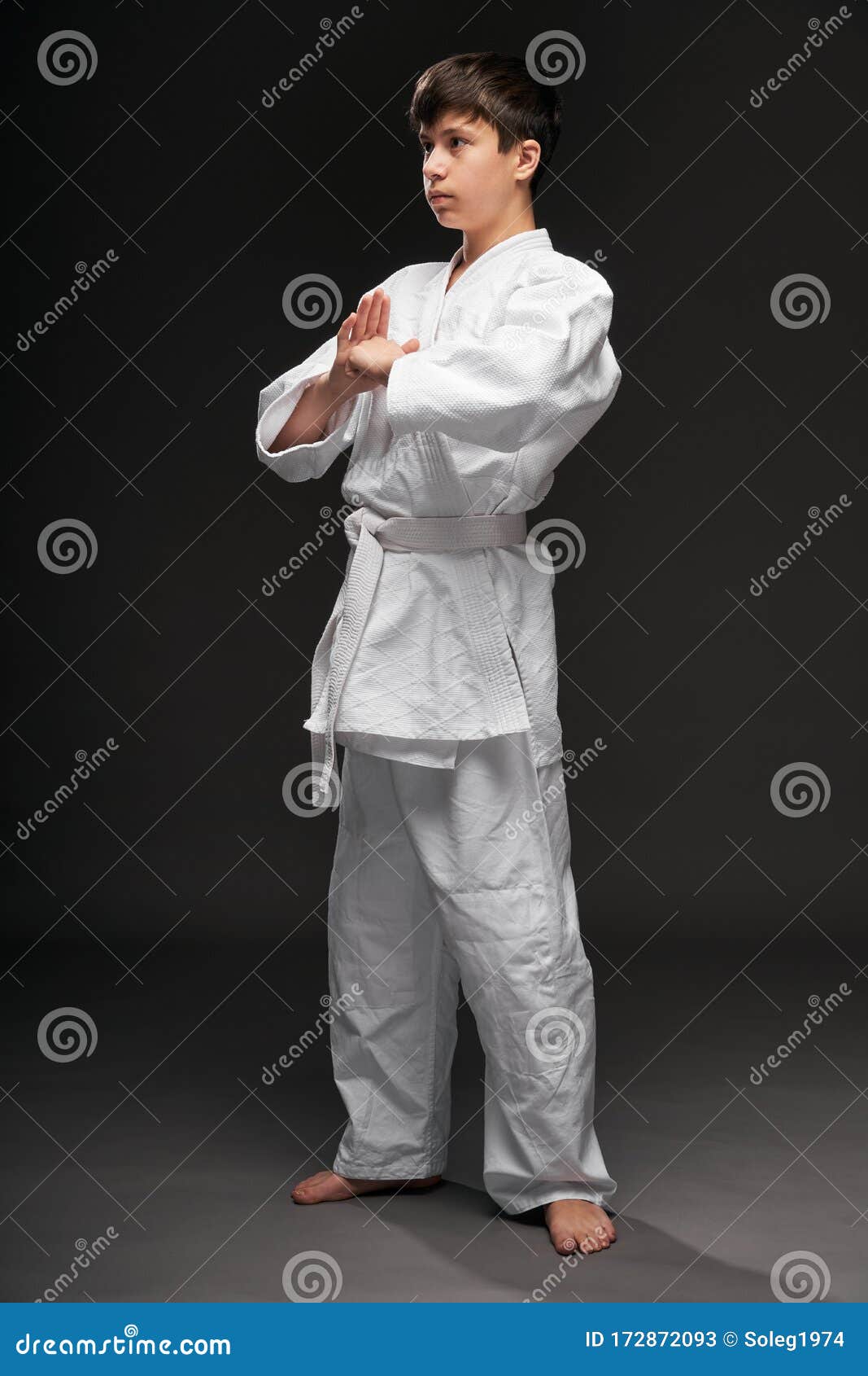 Un Adolescente Vestido Con Ropa De Artes Marciales Posa En Un Fondo