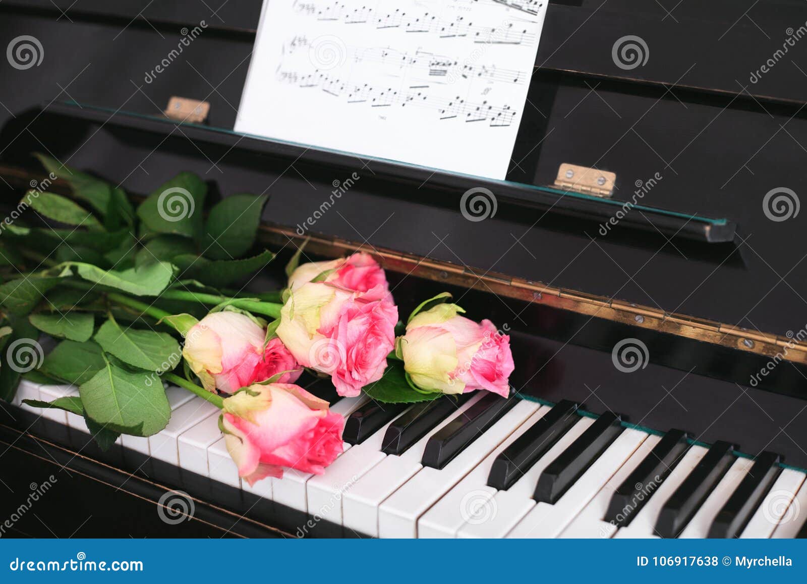 Un Bouquet Des Roses Et Des Notes Roses Sur Le Clavier De Piano Photo ...