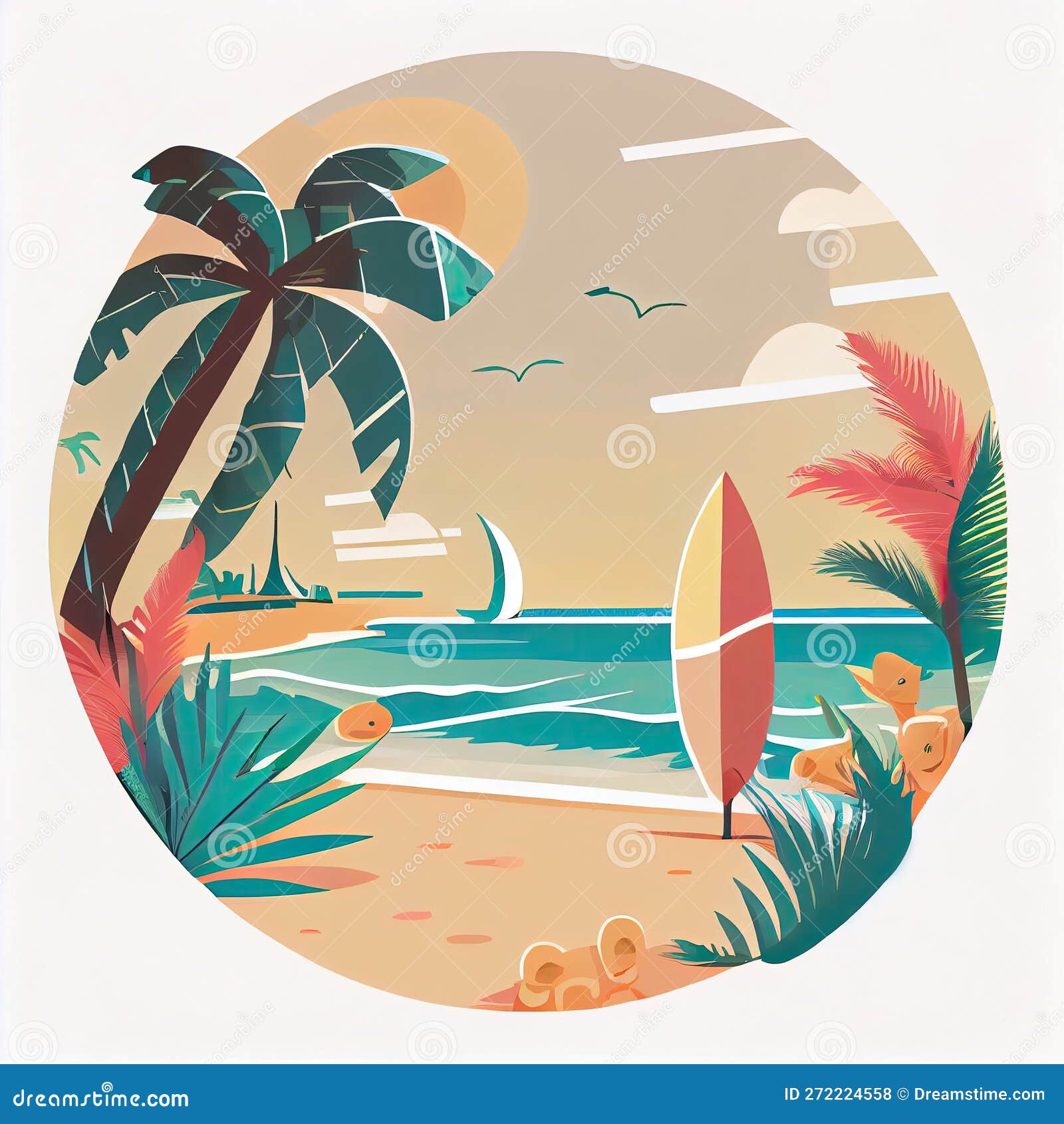 Un Escenario Playero Con Tablas De Surf Y Palmeras Stock de ilustración ... Un Escenario Playero Con Tablas De Surf Y Palmeras Stock de ilustración ...