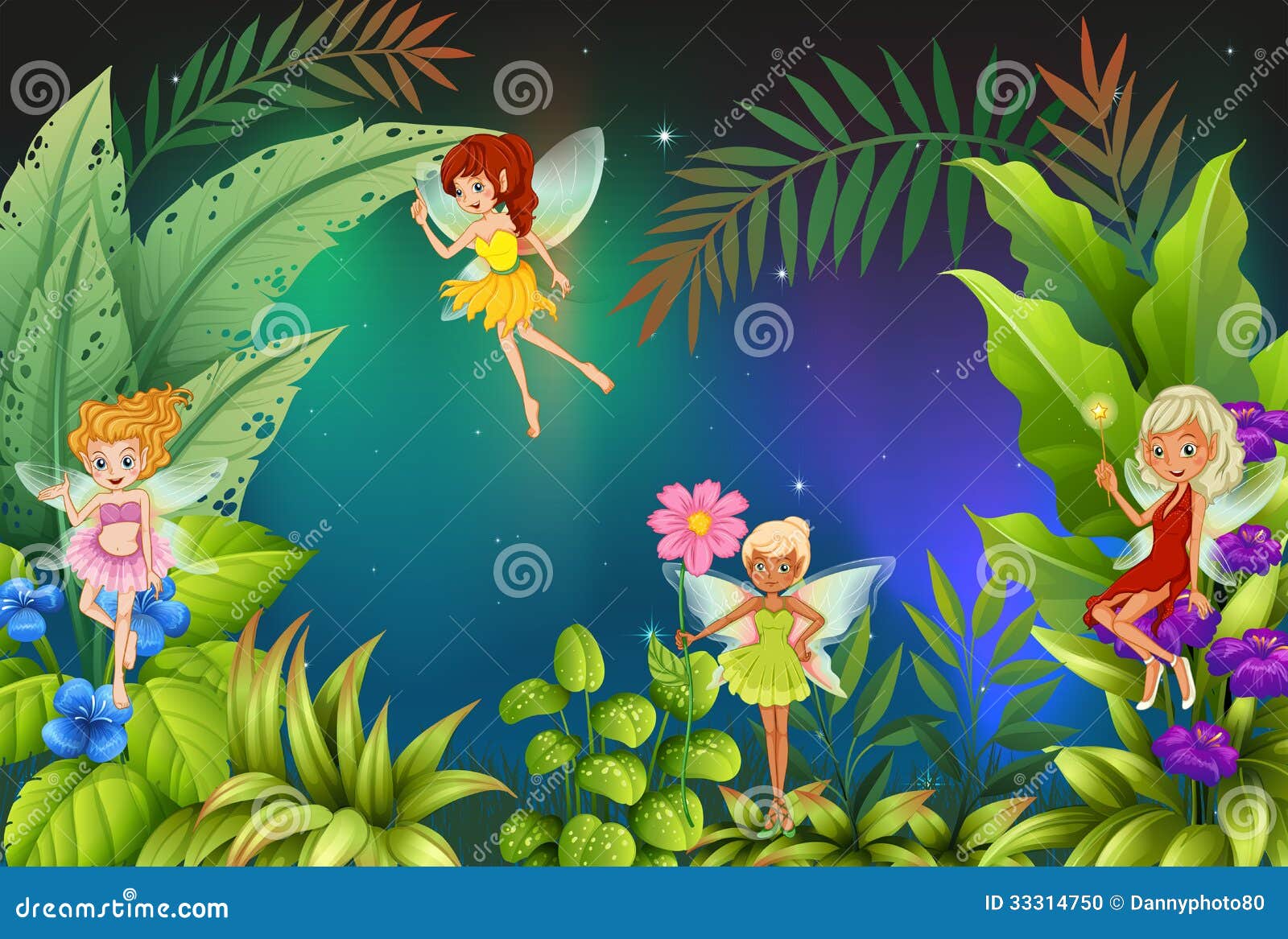 Un jardín con cuatro hadas ilustración del vector. Ilustración de ...