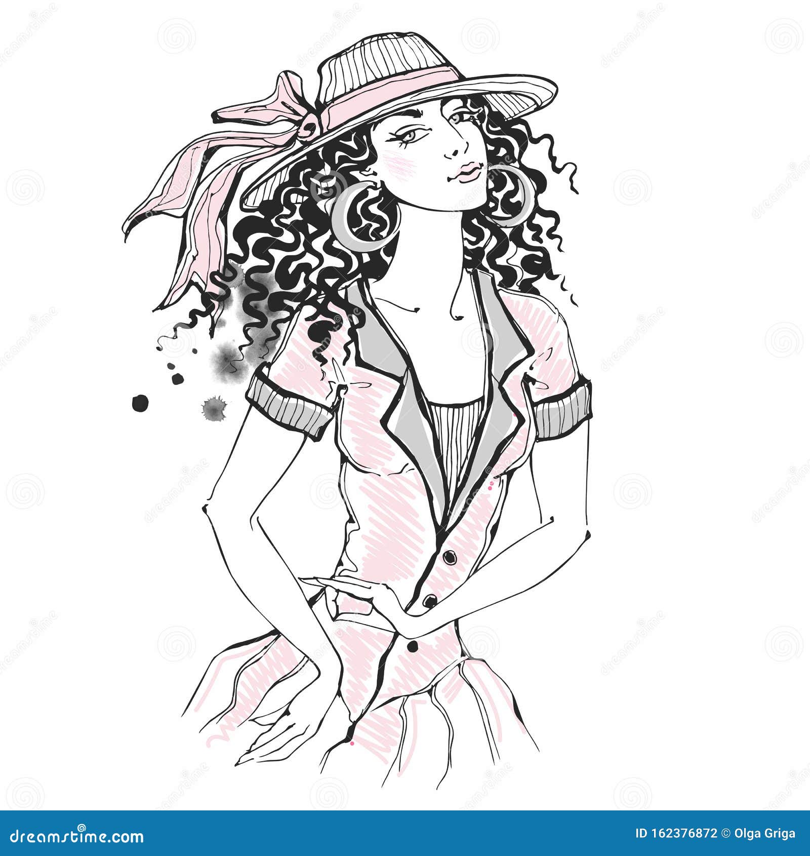 Una Ragazza Elegante Con Un Cappello Sketch E Macchie Di Acquerello ...
