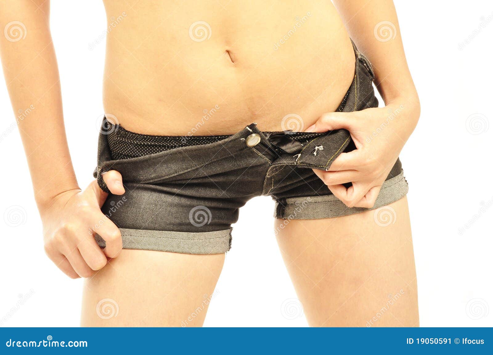 Young Woman with Unbuttoned Denim Shorts Stock Image - Image of asian, design: 19050591