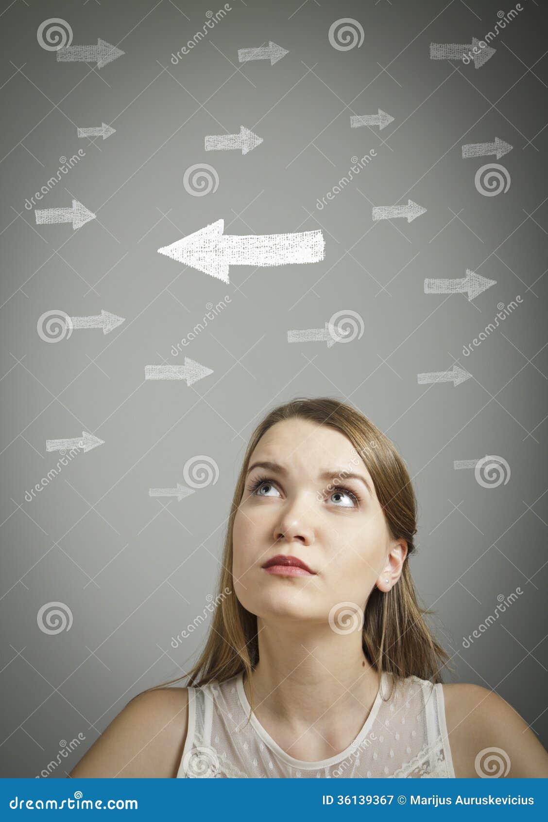 Uncertain. Girl in White and Arrows. Stock Image - Image of mess ...