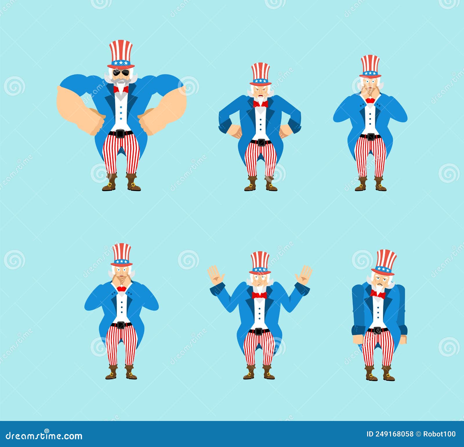 Uncle Sam Set Poses. Man Happy and Strong. Sleeping and Angry Stock ...