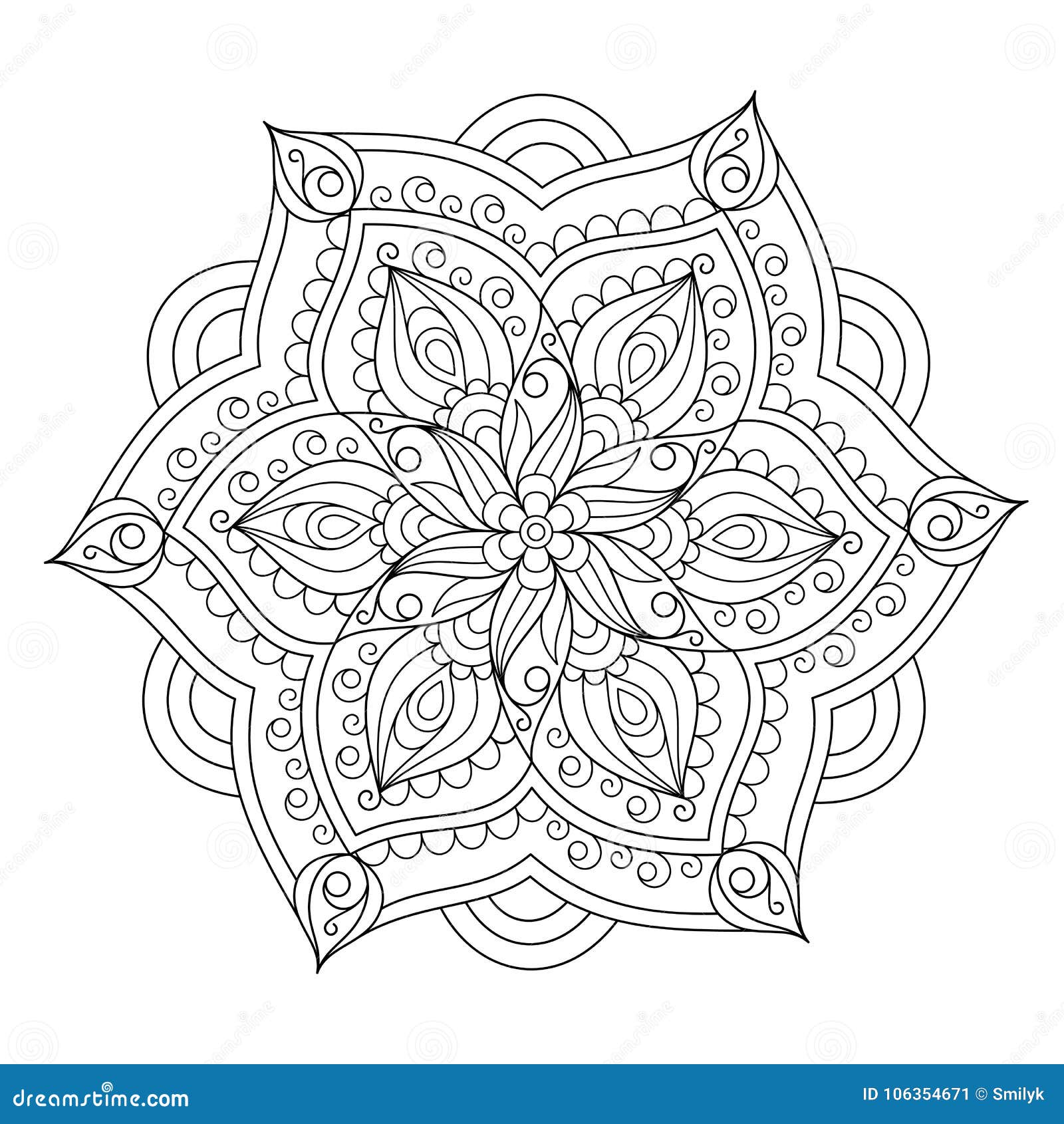 Uncolored Patterned Outline Mandala For Page Of Coloring Book. Cartoon ...