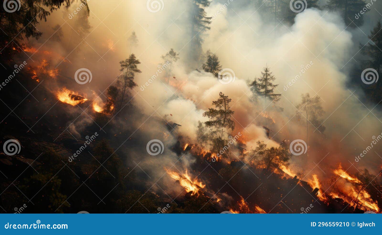Uncontrollable Fire in the Dark Night Engulfs Old Trees. Stock ...