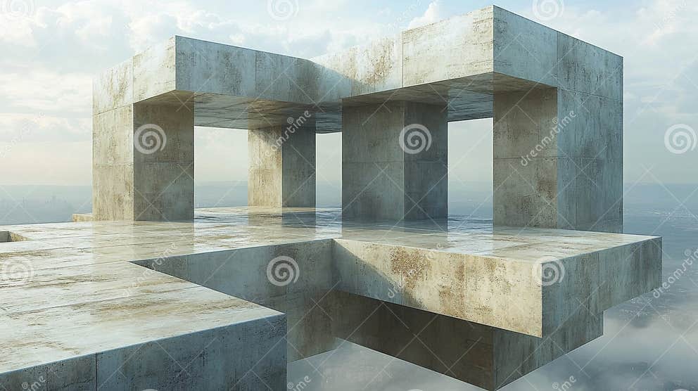 Abstract Concrete Structure Floating Above Clouds with an Expansive Sky ...