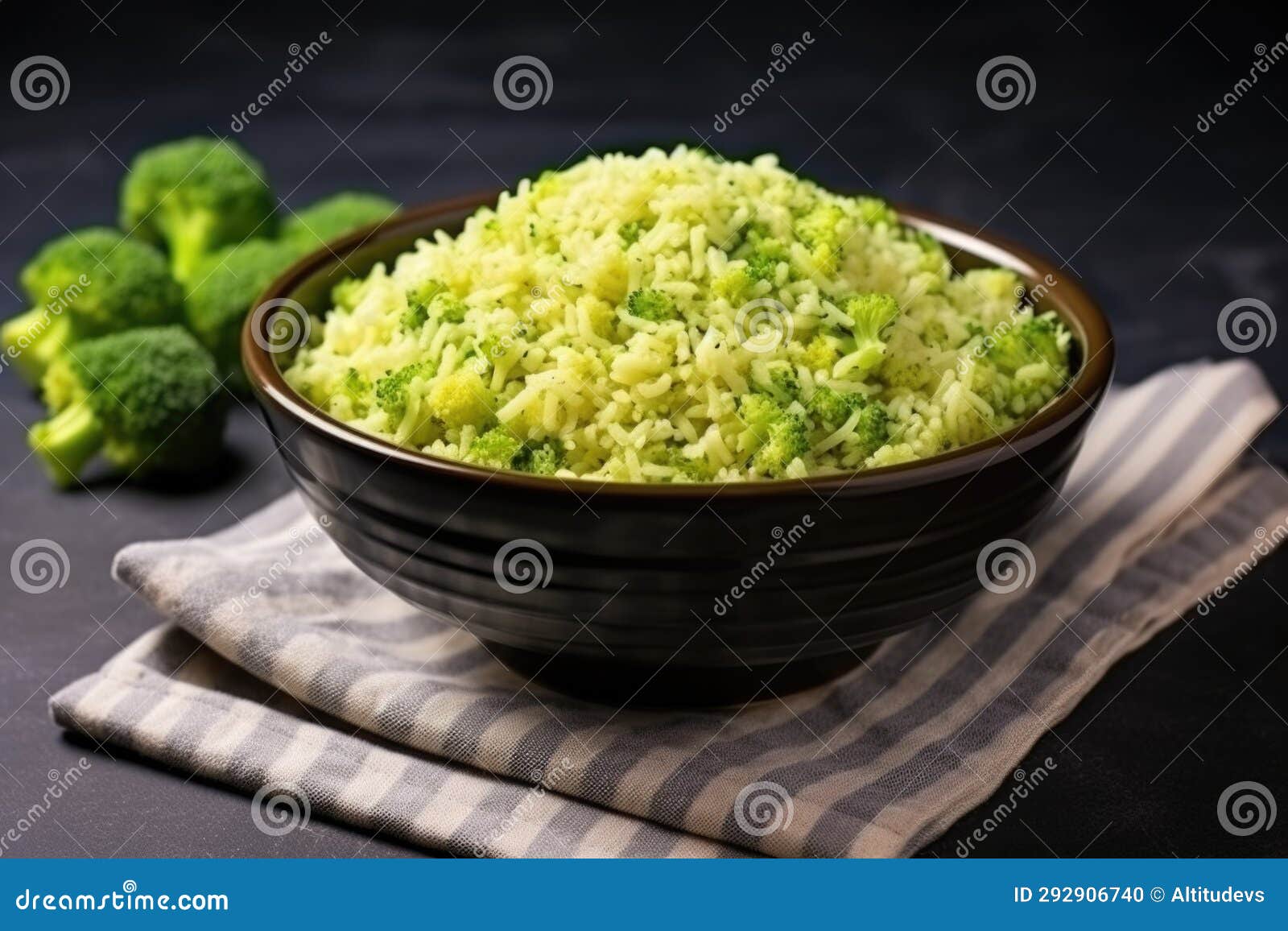Uncooked Broccoli Rice in a Ceramic Bowl on Dark Table Stock Photo ...