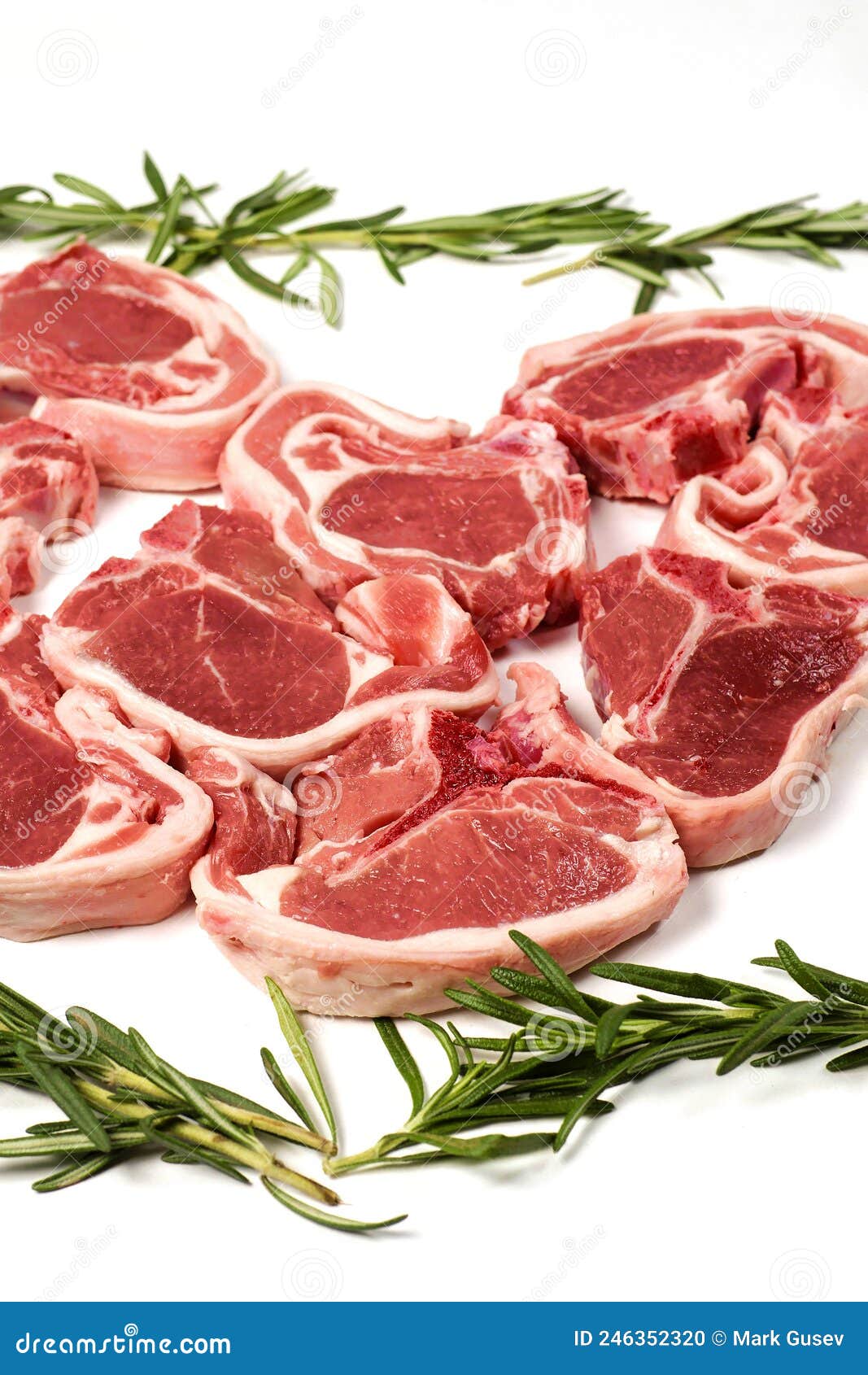 Uncooked Lamb Chops and Fresh Green Rosemary Herb on White Background ...