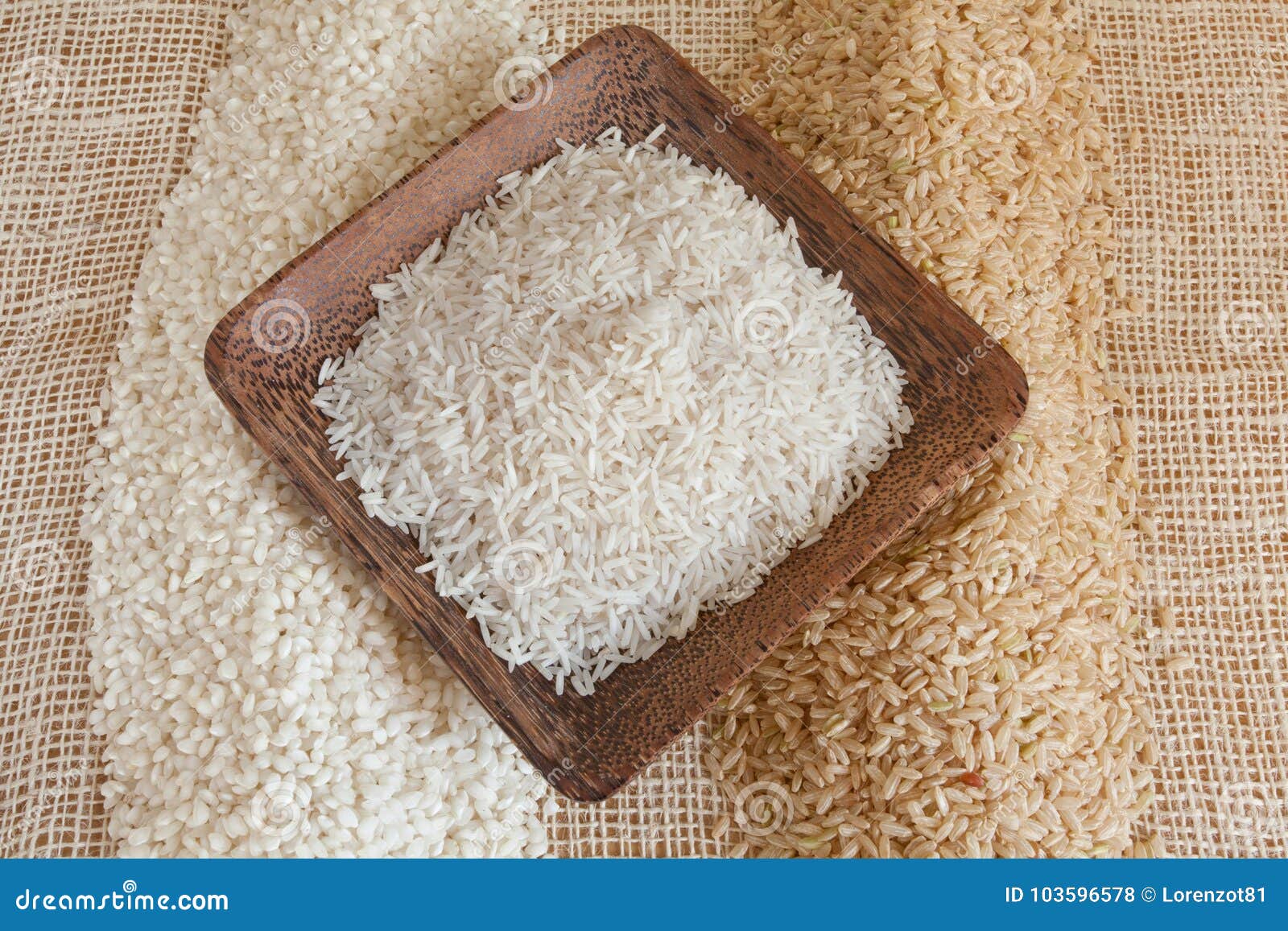 Uncooked Minerbe, Ribe and Basmati Rice in a Wooden Cup Stock Photo ...