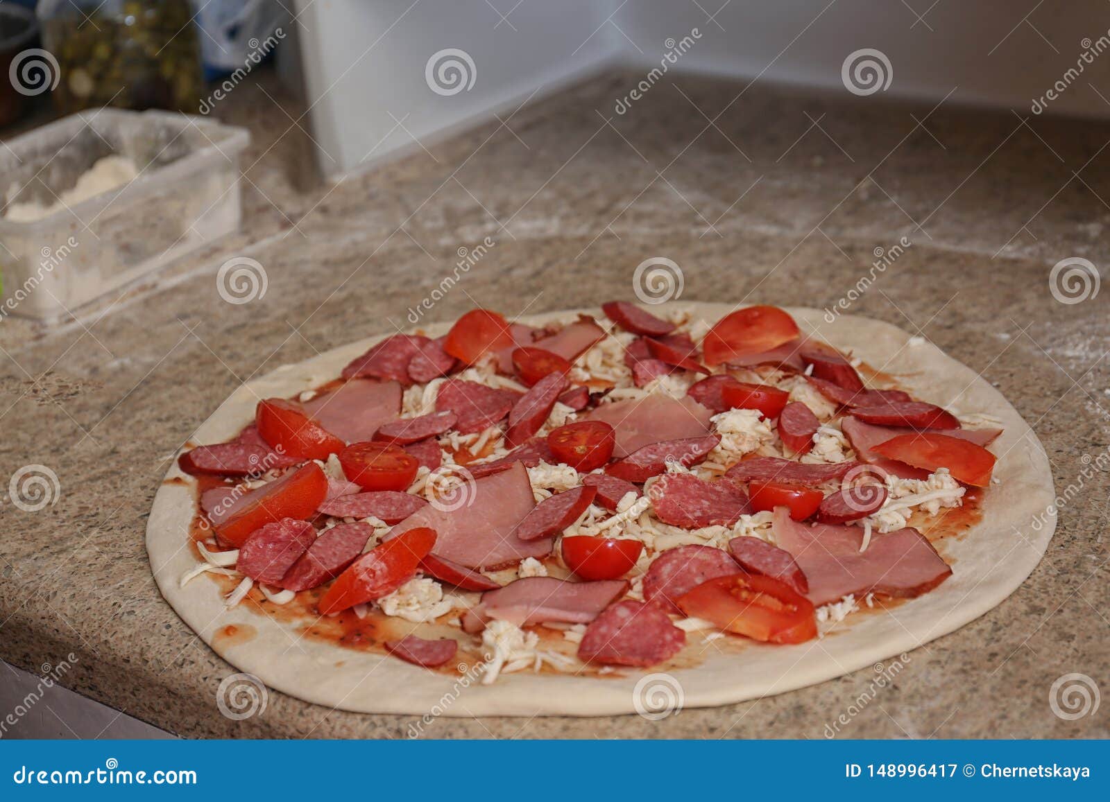 Uncooked Pizza with Different Toppings. Oven Recipe Stock Image - Image ...