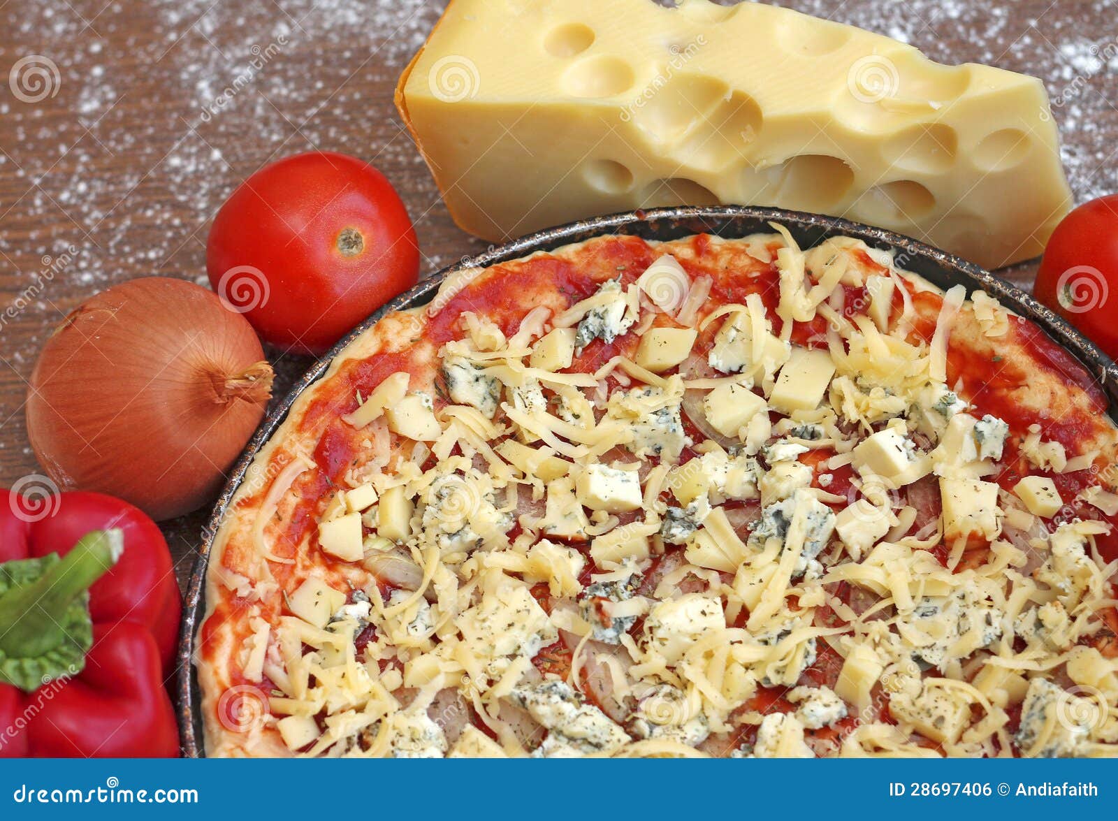 Uncooked Pizza with Ingredients on Wooden Background Stock Photo ...
