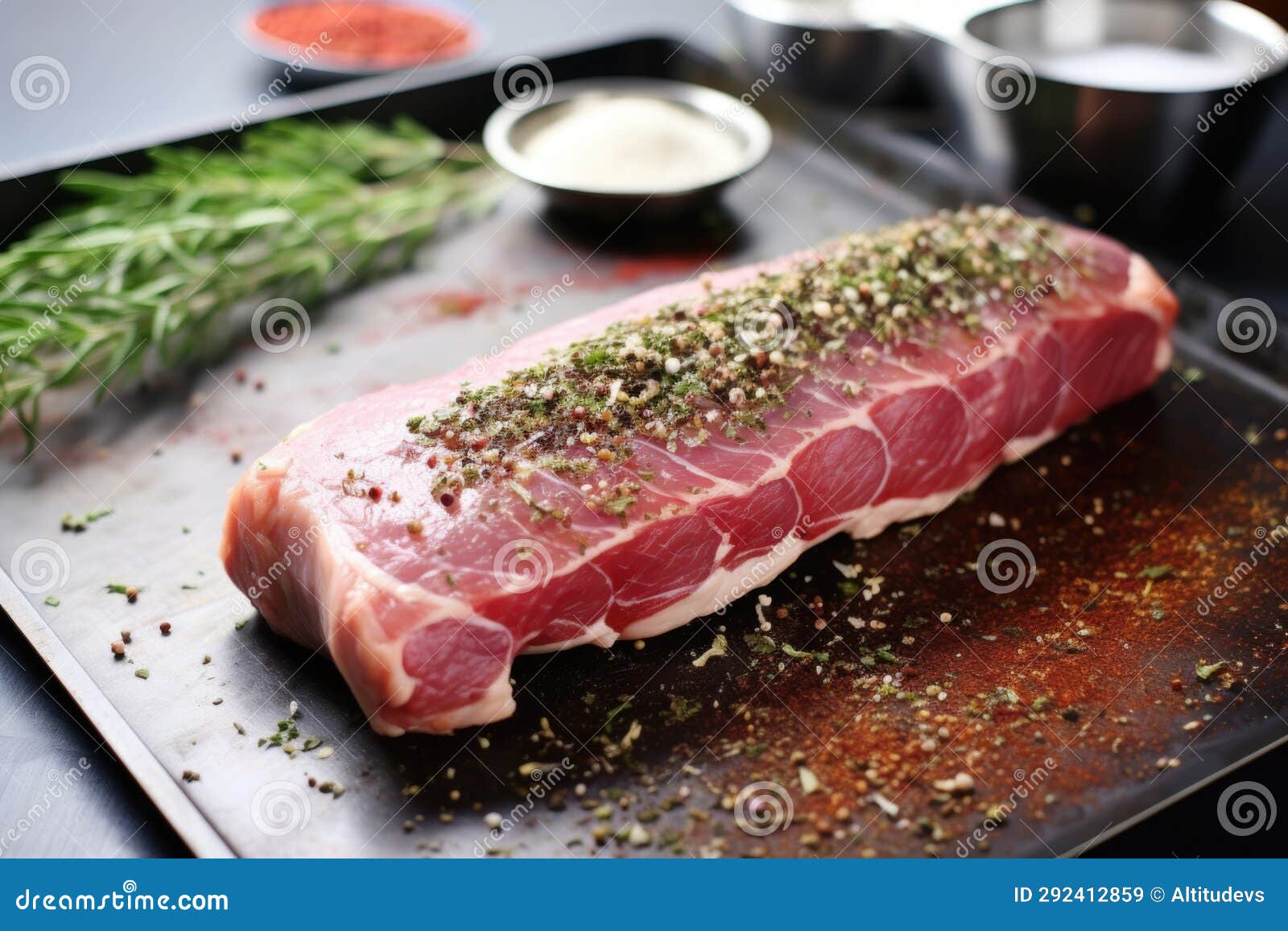Uncooked Pork Loin Rubbed in Herbs on Stainless Steel Kitchen Surface ...